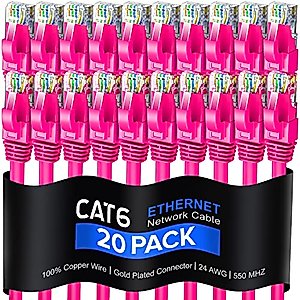 Maximm Cat 6 Ethernet Cable 3 Ft, 100% Pure Copper, Cat6 Cable (20 Pack) LAN Cable, Internet Cable, Patch Cable and Network Cable - UTP (Pink) 3 Feet