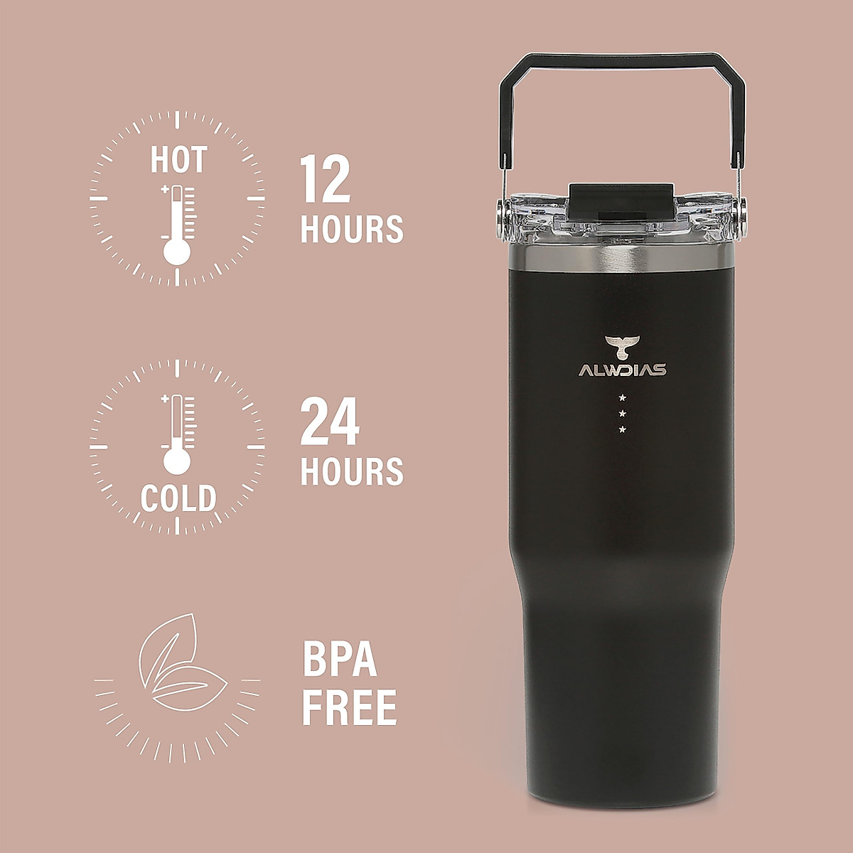 Alwdias Samsta Stainless Steel Tumbler with Handle and Straw | Leakproof Vacuum Insulated Water Bottle | Keep Cold 24H | Cup Holder Friendly Double Walled Travel Mug | 32 oz, Black