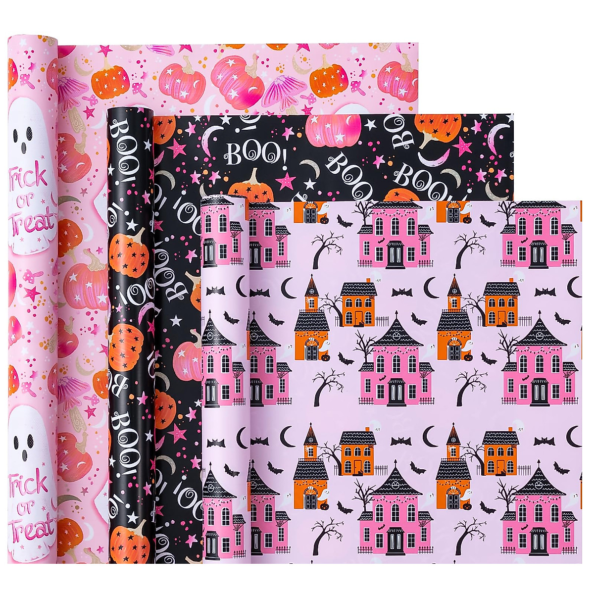 WRAPAHOLIC Halloween Wrapping Paper Roll - Mini Roll - 3 Rolls - 17 Inch x 120 Inch Per Roll - Dark Magic Castle, Ghost, Pumpkin Design for Halloween, Holiday, Party
