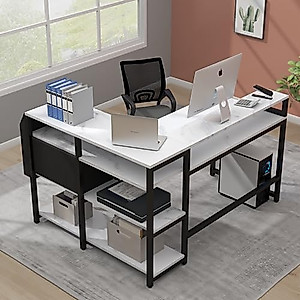 Loomie Reversible L Shaped Computer Desk with Drawer, 55"Wx41"D Industrial Corner Computer Desk with 4 Tier Storage Shelves&Monitor Stand and Storage Bag,Study Table for Home Office, White Faux Marble