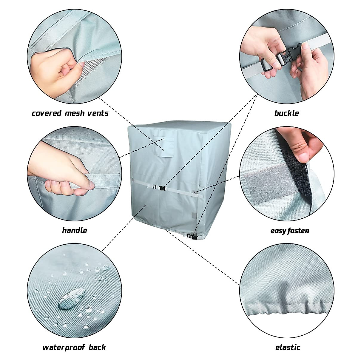 LBG Products Square Air Conditioner Cover for Central AC Outdoor Condenser Units, Heavy Duty All Weather Protection, 32L x 32W x 36H inches,Grey Color with Light Blue