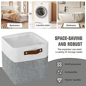 FinishingBo Cube Storage Baskets 6 Pack, 11x11 inch Foldable Cube Storage Bins with Leather Handles for Shelf Closet Nursery Toys (White/ Gray)