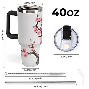 Cherry Blossom Tree Branch 40 Oz Tumbler with Handle And Straw Stainless Steel Vacuum Insulated Tumblers Reusable Keep Drinks Cold Coffee Cup Holder Friendly Gifts for Women Men Car Gym Travel