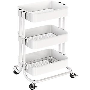 Pipishell 3 Tier Metal Rolling Utility Cart, Heavy-Duty Storage Rolling Cart with 2 Lockable Wheels, Multifunctional Mesh Organization Utility Cart for Kitchen Dining Room Living Room (White)