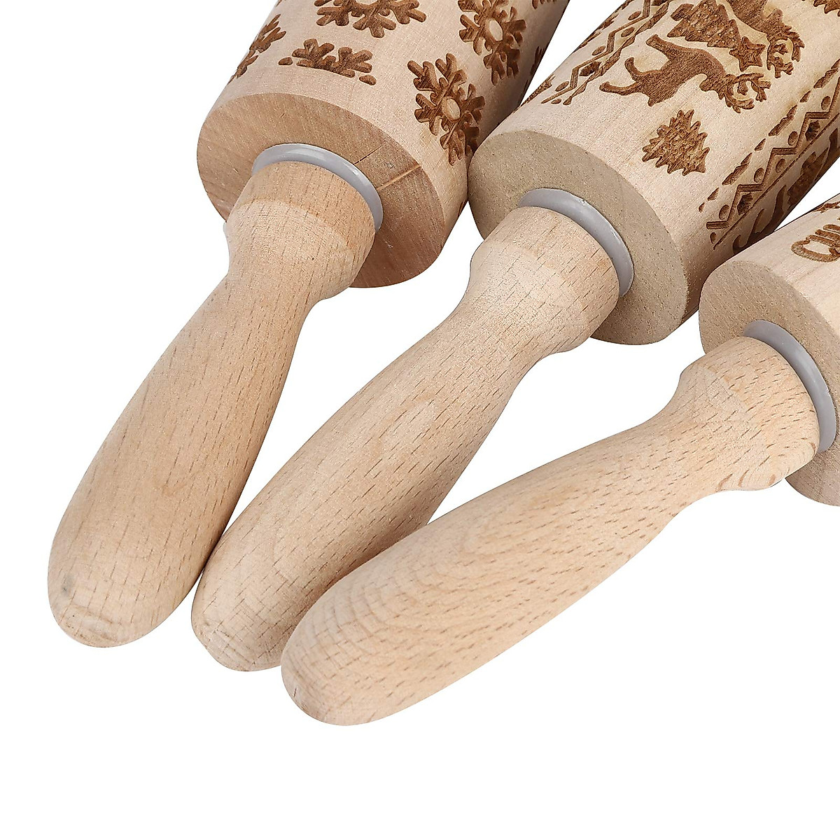 3Pcs Rolling Pin, Embossing Wooden Rolling Pin 3D Engraved Rolling Pin Cute Patterns Dough Roller (English Christmas tree + snowflake + pair of deer)