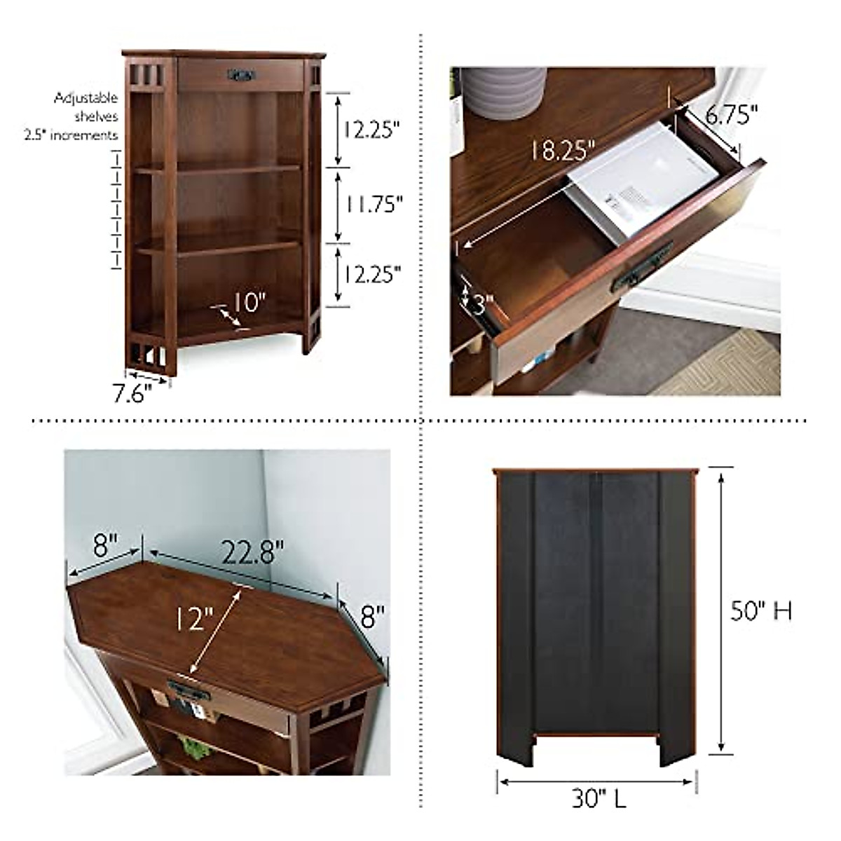 Leick Home 82263 Mantel Height 3 Shelf Corner Bookcase with Drawer Storage, Mission Oak, Brownbronze