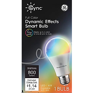 GE Cync Smart Bulb Dynamic Effects Full Color A19 2.4GHz Wi-Fi and Bluetooth Enabled, Works with Google Assistant and Amazon Alexa, No Hub Required (1-Pack)