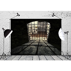 CORFOTO 5x3ft Fabric Medieval Jail Cell Backdrop for Photography Prison Window Light Background Old Dungeon Cell Party Decorations Murder Mystery Party Backdrop Photoshoot Booth Studio Props