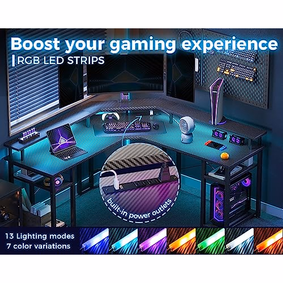 Coleshome L Shaped Gaming Desk with LED Lights & Power Outlets, Reversible 56" Computer Desk with Full Monitor Stand & Storage Shelves, Ergonomic Home Office Corner Desk, Black Carbon Fiber