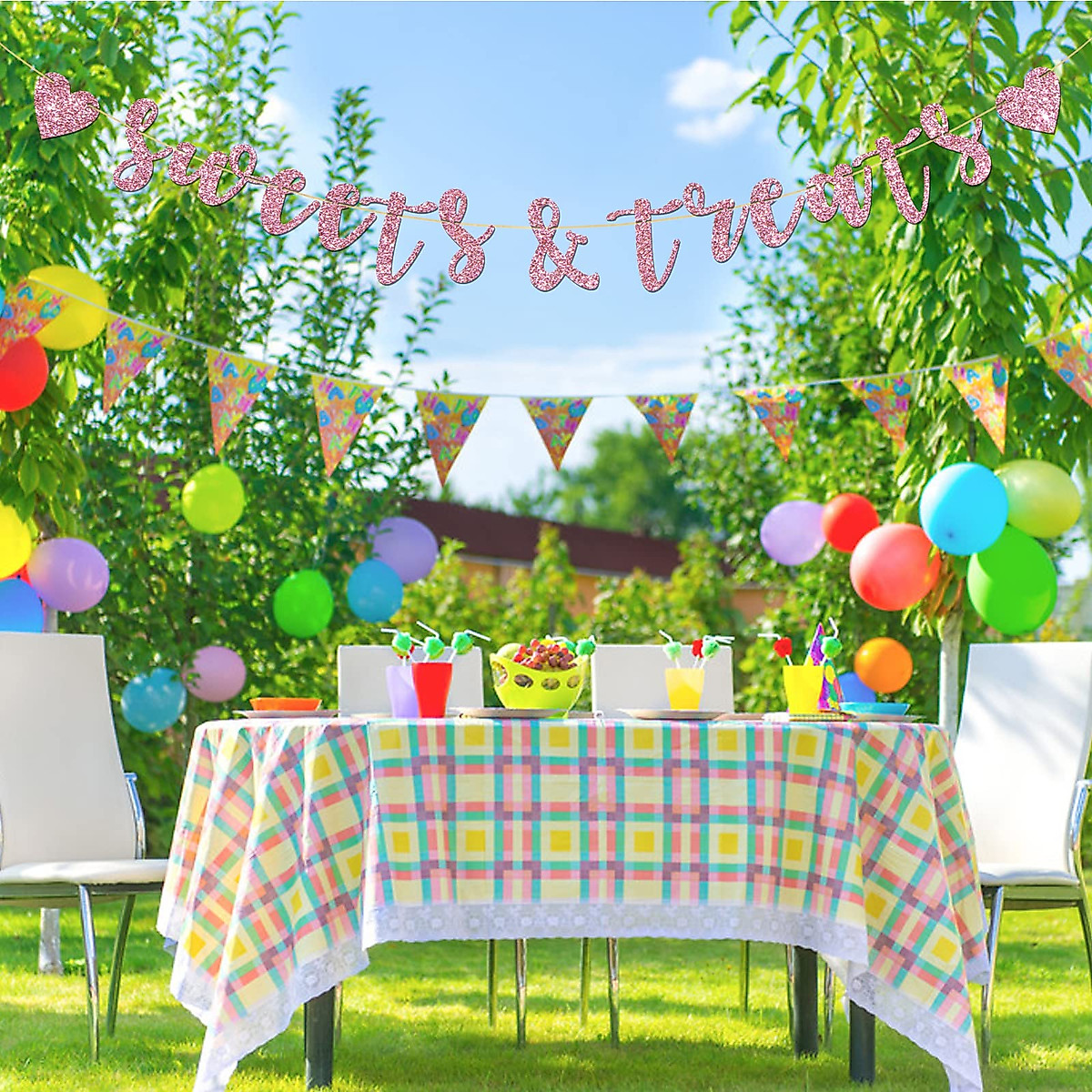 Talorine Sweets & Treats Banner, Bridal Shower, Engaged, Wedding Anniversary, Children Birthday Party Decorations (Pink Glitter)