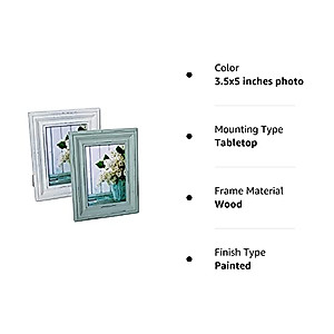 Buecasa Rustic 3.5x5 Inches Wooden Picture Frame Pack of 2 Vintage Cyan and White in Gift Box - Distressed Wood High Definition Glass Photo Frame Outside 6.1x7.7 Inches - 2 Way Display Tabletop or Wall Mount