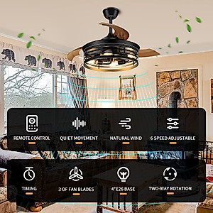 NEWORB 42Inch Retractable Ceiling Fans with Lights Remote Control Black Caged Ceiling Fans Farmhouse Vintage Industrial Ceiling Fan with Lights for Living Room Bedroom Kitchen Patio