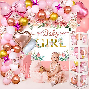 Winrayk 145Pcs Baby Shower Decorations for Girl Baby Boxes with Letters (Baby Girl+A-Z) & Rose Gold Pink Balloon Arch & Backdrop Tablecloth & Bowtie Heart Balloon Princess Girl Baby Shower Decorations