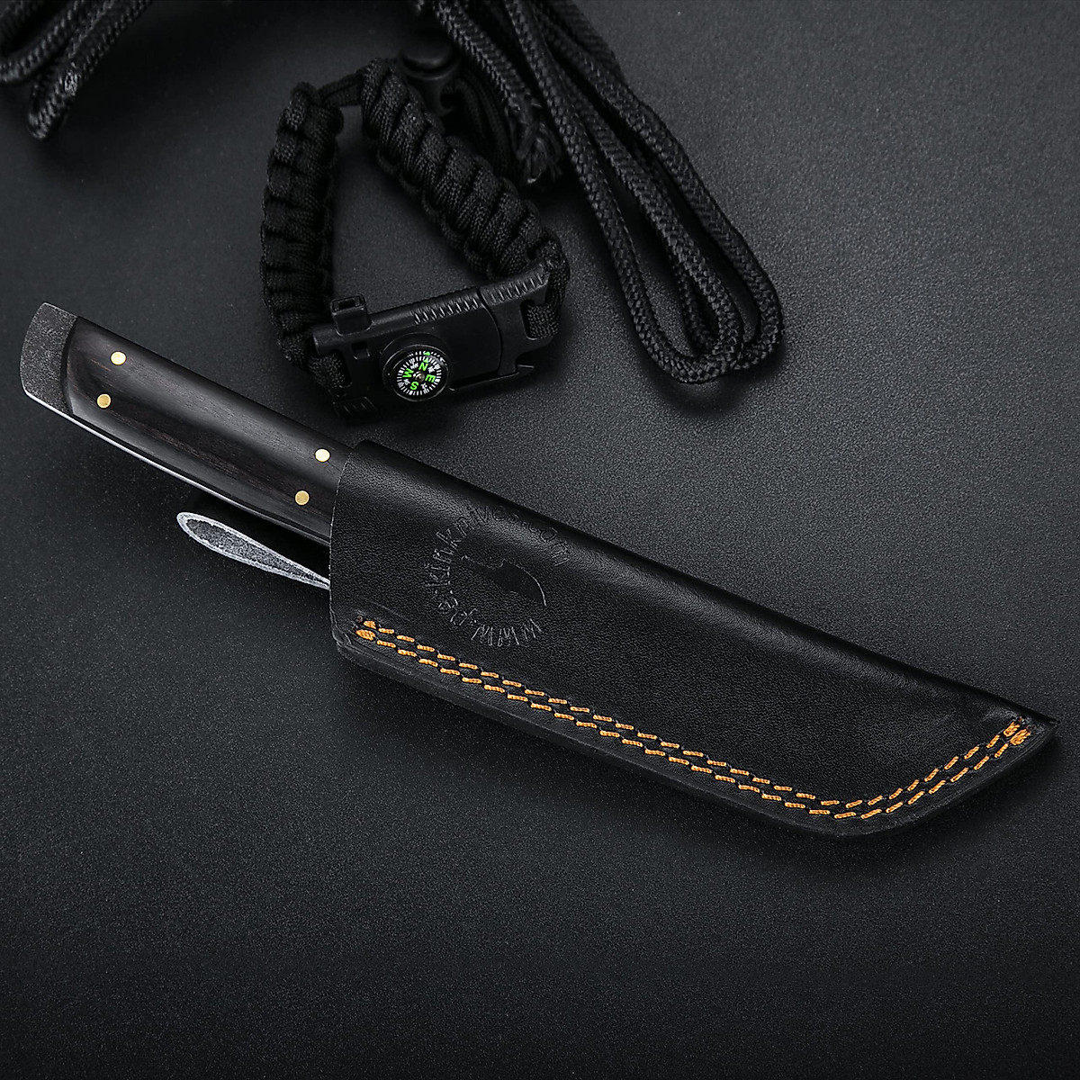 Perkin Hunting Knife With Sheath Fixed Blade Knife Full tang Bushcraft Knife Tanto Blade - PK800 Black
