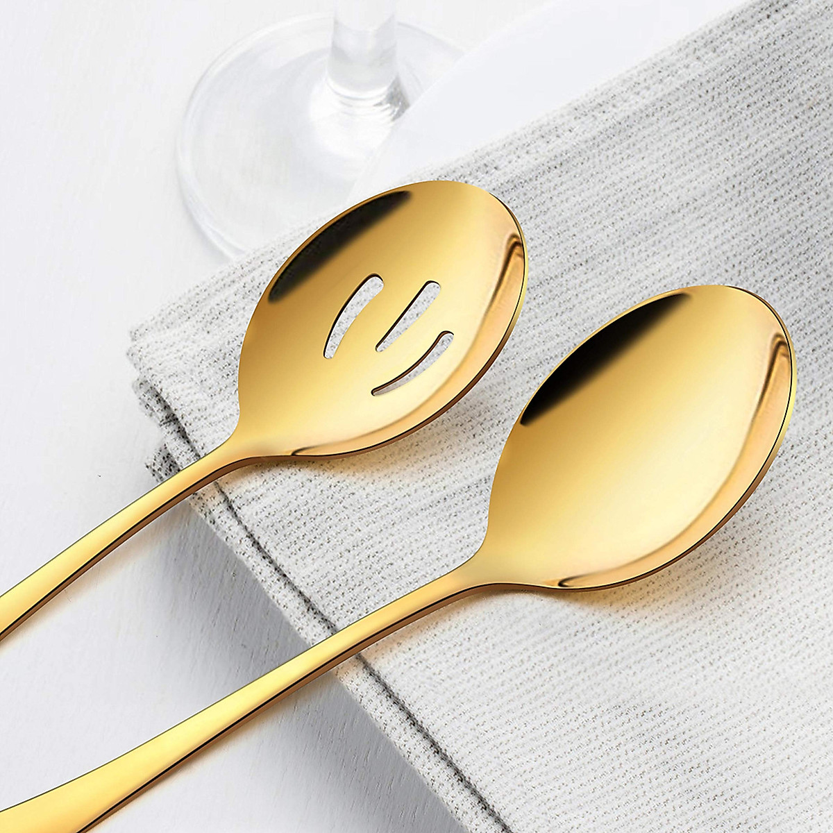 LIANYU 8 Pack Gold Serving Spoons, Gold Slotted Serving Spoons, 8 3/4 Inch Stainless Steel Serving Utensils Spoon Set for Banquet Catering Buffet Dinner Restaurant Party