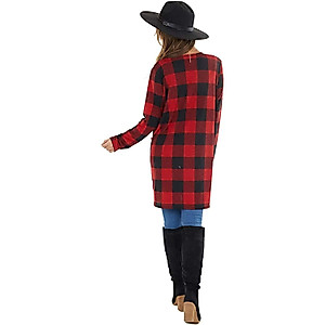 Dressmine Women's Long Sleeve Open Front Cardigan Buffalo Plaid Knitted Maxi Sweater Coat Outwear Red X_Large