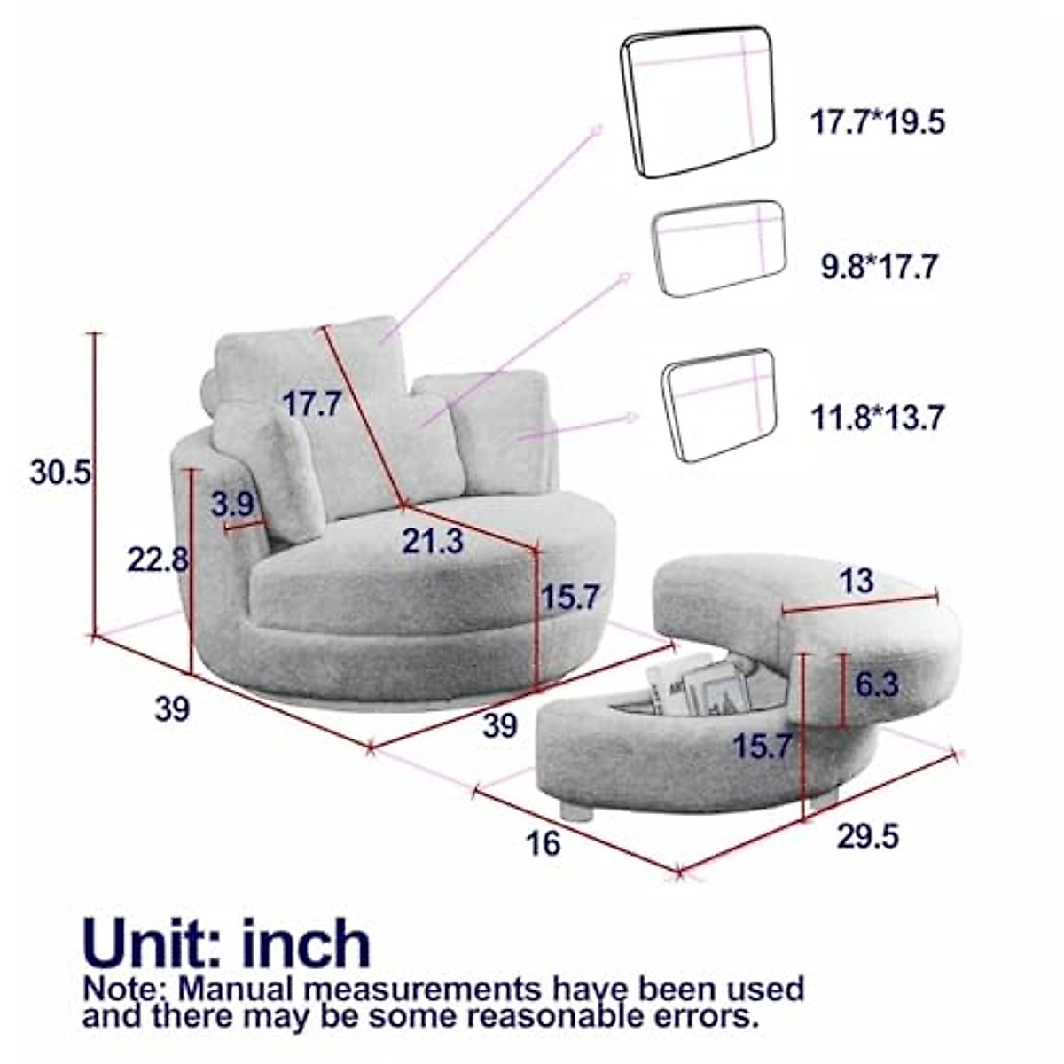 YASEZ 39" W Oversized Swivel Chair with Moon Storage Ottoman, Accent Round Loveseat Circle Swivel Barrel Chairs for Living Room