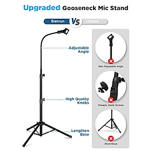 Mic Stand, Bietrun Metal Gooseneck Boom Arm Mic Stand Tripod, Height＆360° Adjustable, with Carrying Bag & 2 Mic Clips,Compatible with Wireless Mic＆Wired Mics for Singing/Wedding/Church/Stage/Party