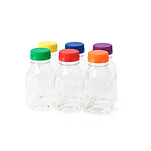 (6) 8 oz. Clear Food Grade Square Plastic Juice Bottles with 6 Different Colored Tamper Evident Caps 6/pack