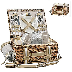 19Pcs Picnic Basket for 2 with Insulated Liner and Waterproof Picnic Blanket Wine Pouch, Large Wicker Picnic Hamper for Camping,Outdoor,Valentine Day,Thanks Giving,Birthday Christmas for Couples
