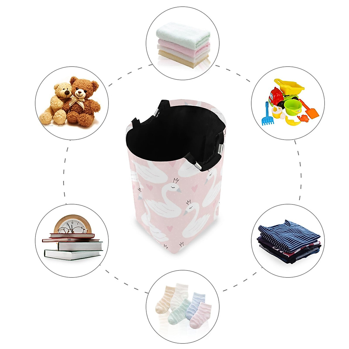 AGONA Cute White Swan Princess Pink Laundry Basket with Handles Large Storage Bin Collapsible Fabric Laundry Hamper Foldable Laundry Bag for Kids Room Toy Bins Gift Baskets Bedroom Baby Nursery