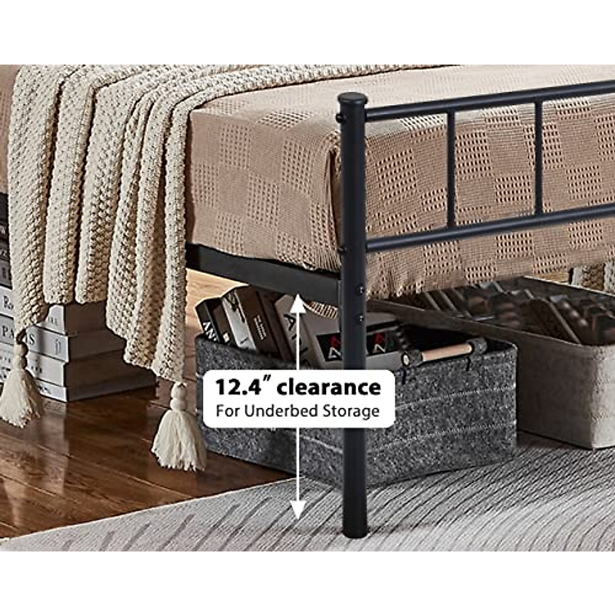 Queen Bed Frame, Metal Bed Frame Queen Size with 12 Inch Under-Bed Storage & Strong Metal Slats Support, Black Queen Bed Frame with Headboard and Footboard, No Box Spring Needed & Anti-Slip, Black