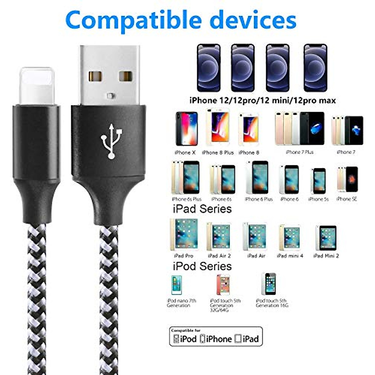 iPhone Charger Cord, USB A to Lightning Cable [Apple MFi Certified Approved] Nylon Braided Fast Charging Cable 12w 3ft Compatible iPhone 14 Plus/13 Pro Max/12 Mini/11 Promax/Xs Max/XR/X/8/7/6/5/iPad