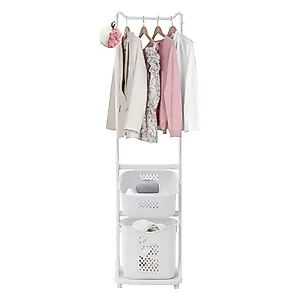 Sootvp Rolling Laundry Hamper Cart with Wheels and Hanging Bar, 2 Tier Rolling Laundry Basket Laundry Basket Organizer，Laundry Sorter for Laundry Bedroom Bathroom w/ 2 Removeable Baskets