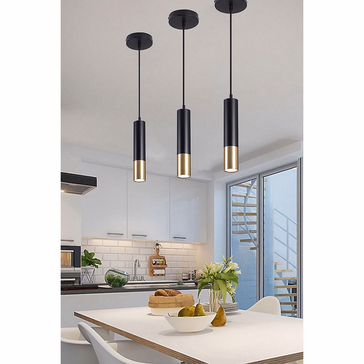 COTULIN 3 Pack LED Kitchen Island Pendant Lights,Modern Black Gold Bar Pendant Light,3000K Small Hanging Light Fixture for Bedroom Bedside Living Room Dining Room