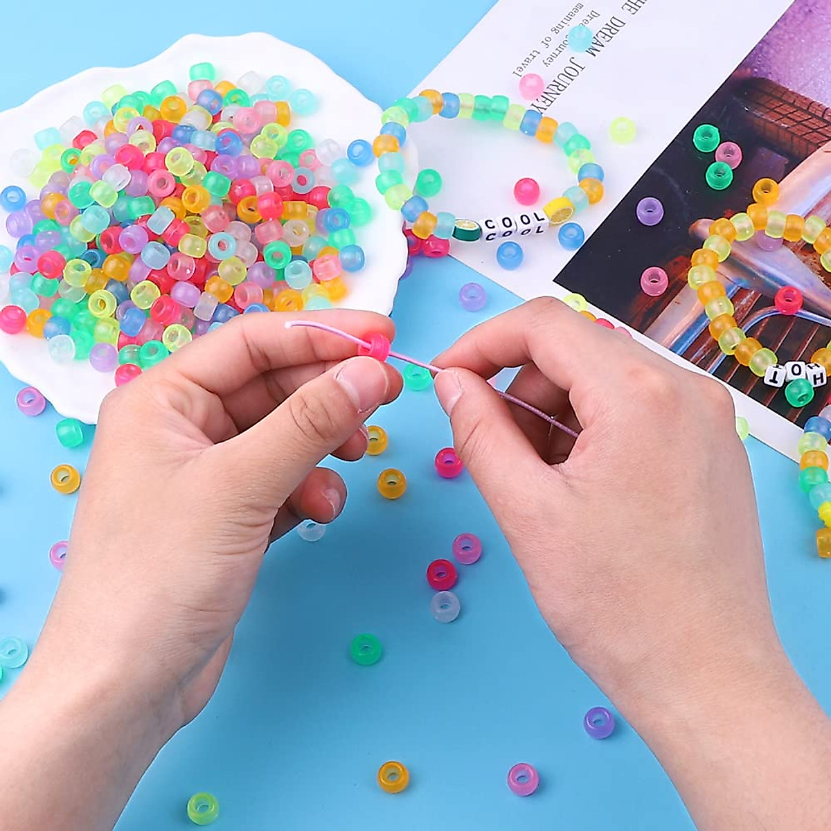 DULEFUN 1000pcs Glow in The Dark Pony Beads Mix 9 Colors Glow Pony Beads Luminous Beads Bulk Acrylic Hair Beads Plastic Pony Beads for Hair Braiding Bracelets Necklaces Making