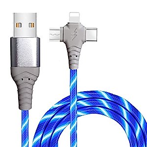 Opligevo 3 in 1 Charging Cable Led Flowing Charging Cable Multiple Fast Charging Cable 3.0 Fast Phone Charger Data Transfer Durable TPE Charging Cord for iPhone,Type C and Micro USB Blue 6.6ft