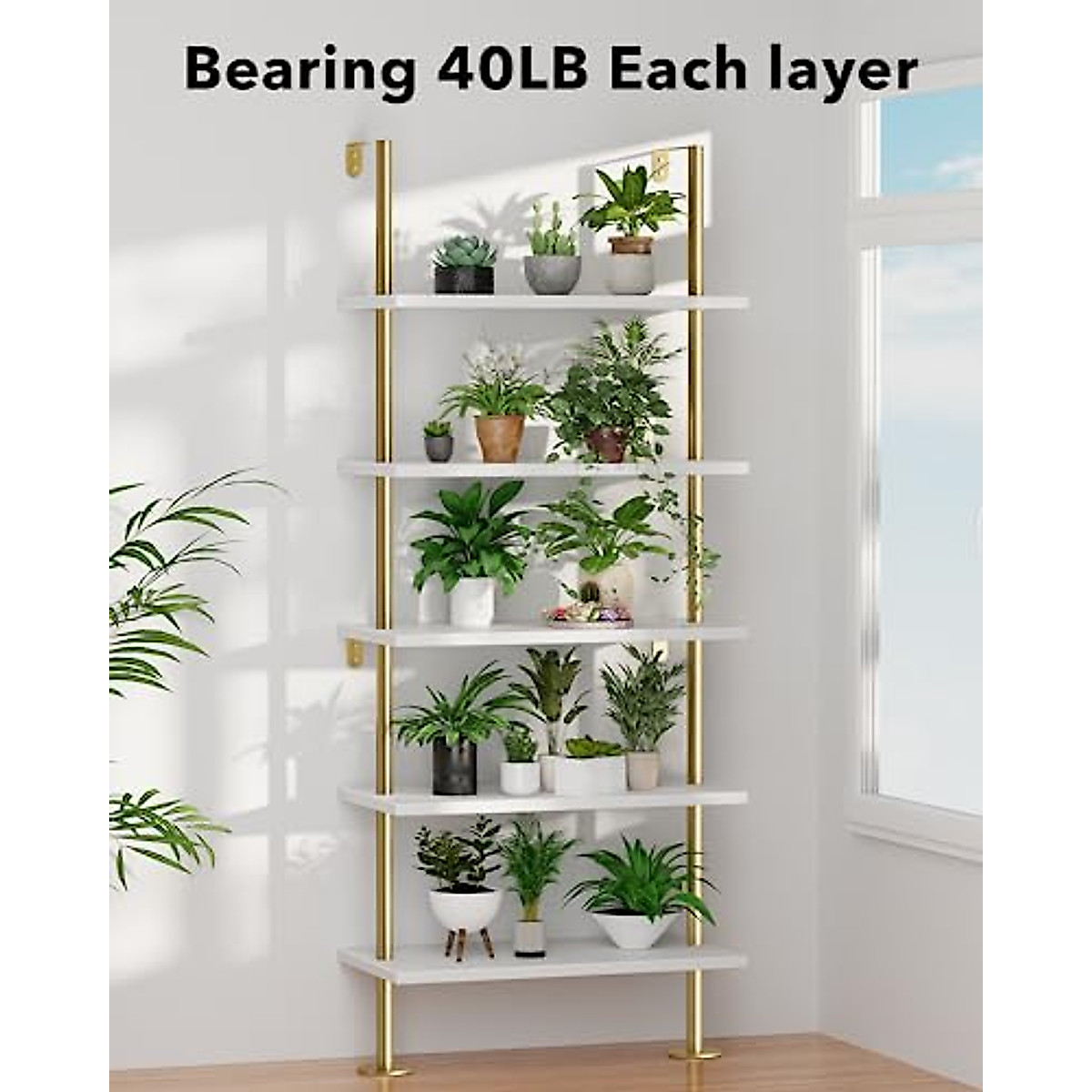 pickpiff Ladder Shelf Bookcase 5 Tier, Extra Sturdy Modern Bookshelf Wall Mounted, Tall Standing Open Shelf White and Gold, Industrial Metal Frame with Wooden Shelf