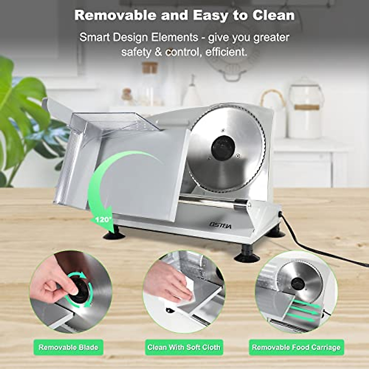 OSTBA Meat Slicer, Electric Deli Food Slicer with Removable Stainless Steel Blades, Adjustable Thickness Meat Slicer for Home Use, Easy to Clean, Ideal for Cold Cuts, Cheese, Bread, Fruit,150W