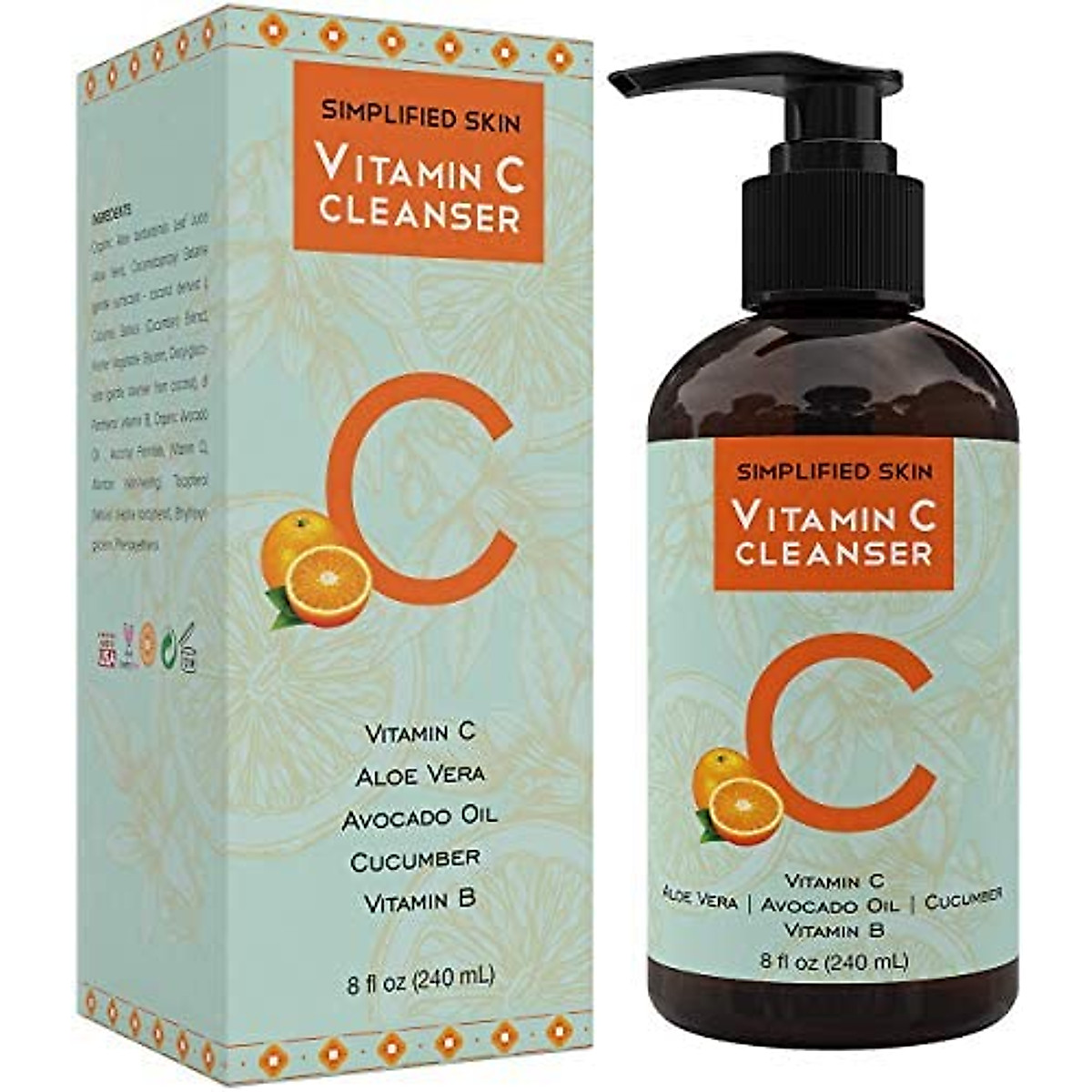 Simplified Skin Vitamin C Facial Cleanser (8 oz) Gel for Daily Anti-Aging & Acne Treatment. Clear Pores on Oily, Dry & Sensitive Skin. Natural Makeup Removing Face Wash