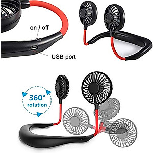BELLFORNO Sports Neck Fan Necklace Personal Mini Fan Working for Travel Outdoor (Red-Black)