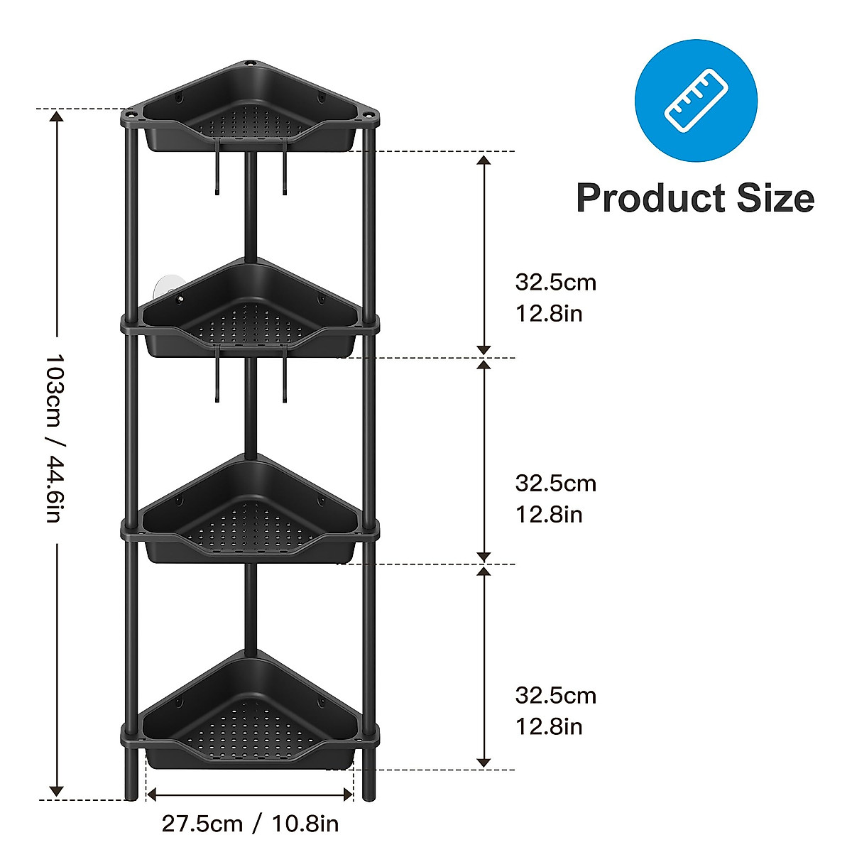 Purdaz 4 Tier Shower Caddy Organizer Shelf Corner, Rustproof, Plastic Shower Rack Stands for Inside Bathroom,Shower Pan, Black