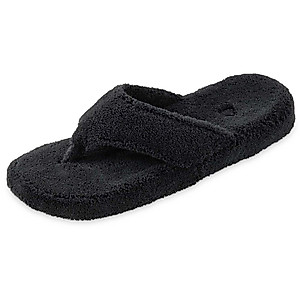 Acorn Women's Spa Thong Slippers with Cloud Contour Comfort - Arch Support and Plush Fluffy Terry Lining, Perfect for Beach, Camping, Poolside, or Bathroom Wear, Black, Wide 6.5 - 7.5