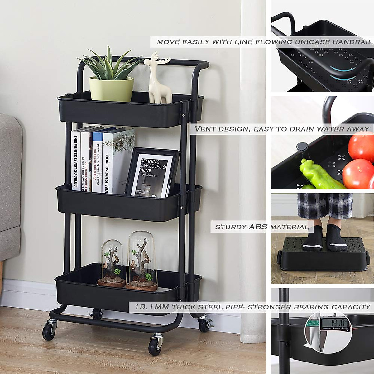 XGATML ALA7 3-Tier Rolling Utility Cart with Roller Wheels Service Cart with Handle Mobile Storage Organizer for Kitchen, Bathroom, Office, Coffee Bar(Black)