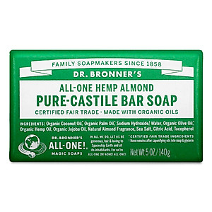 Dr. Bronner's - Pure-Castile Bar Soap (Almond, 5 ounce) - Made with Organic Oils, For Face, Body and Hair, Gentle and Moisturizing, Biodegradable, Vegan, Cruelty-free, Non-GMO