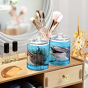 Coikll Cute Dolphin Qtip Holder with Lid 2PCS Apothecary Jars Storage Containers, Clear Plastic Canister for Cotton Swab,Floss Picks, Cosmetics