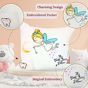 Liv & Oak Tooth Fairy Pillow - Large 10” x 10” Plush Pillow W/3” x 3” Embroidered Pocket for Lost Teeth - Fairy Design, Non-Toxic 100% Polyester - Perfect Keepsake Gift for Boys & Girls