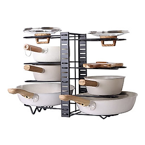 ShanSon Pots and Pans Organizer for Cabinet Pot Rack with 3 DIY Methods Adjustable Pan Organizer Rack for Cabinet with 8 Tiers Pot Organizer Rack for Kitchen Organization & Storage, Pot Lid Organizer