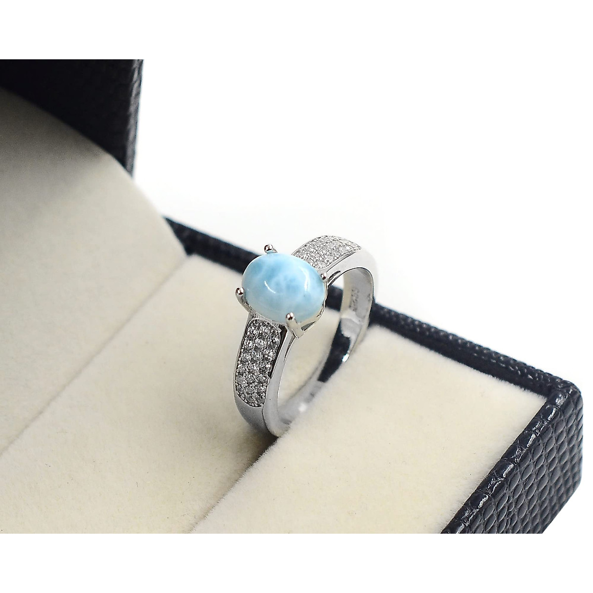 March Birthstone 9X7 MM Oval Natural Blue Larimar Cabochon Gemstone 925 Sterling Silver Solitaire Unisex Proposal Ring For Love and Friendship Gift (Rhodium Plated Silver, 7)