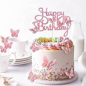 MILIYUKI 13-Pieces 3D Butterfly Cupcake Topper for Girls Women's Happy Birthday Cake Decorations Party Decorations(Pink)