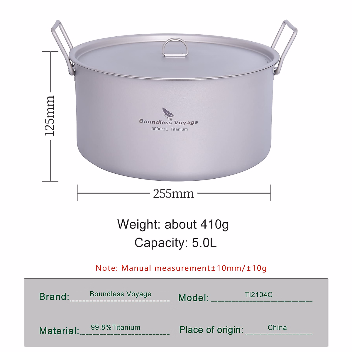 Boundless Voyage 5L Titanium Stock Pot with Lid Folding Handle Soup Pot for Outdoor Camping Hiking Picnic Home Kitchen Ultralight Cookware Ti2104C