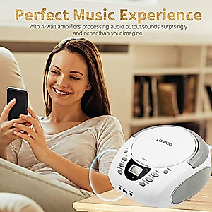 LONPOO CD Player Portable Boombox with FM Radio/USB/Bluetooth/AUX Input and Earphone Jack Output, Stereo Sound Speaker & Audio Player,White