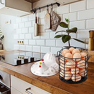 Hiceeden Metal Wire Chicken Egg Storage Basket, Decorative Fresh Egg Holder with Ceramic Chicken Design Lid, Portable Round Collectiong Basket for Kitchen Supplies, Pantry, 5.5"x6"