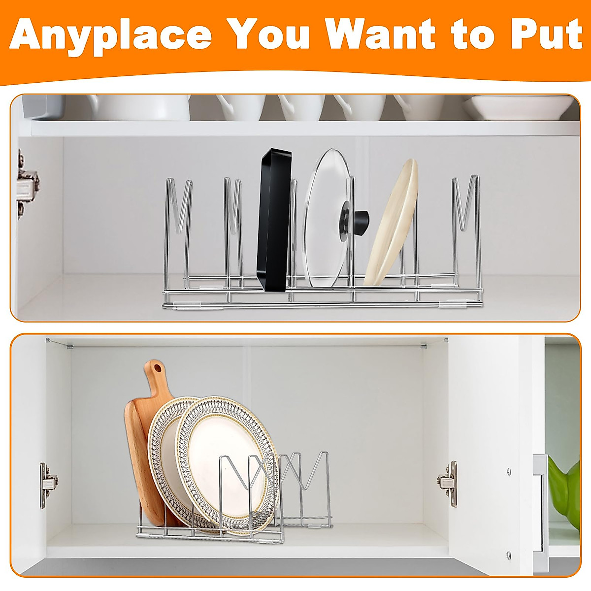 Durmmur 3 Pack Pot Lid Organizer for Cabinet, Stainless Steel Pot Lid Holder with Anti-slip Silicone Mat, Lid Rack for Pans Pots, Bakeware, Plates, Cookie Sheets, Trays, Cutting Boards