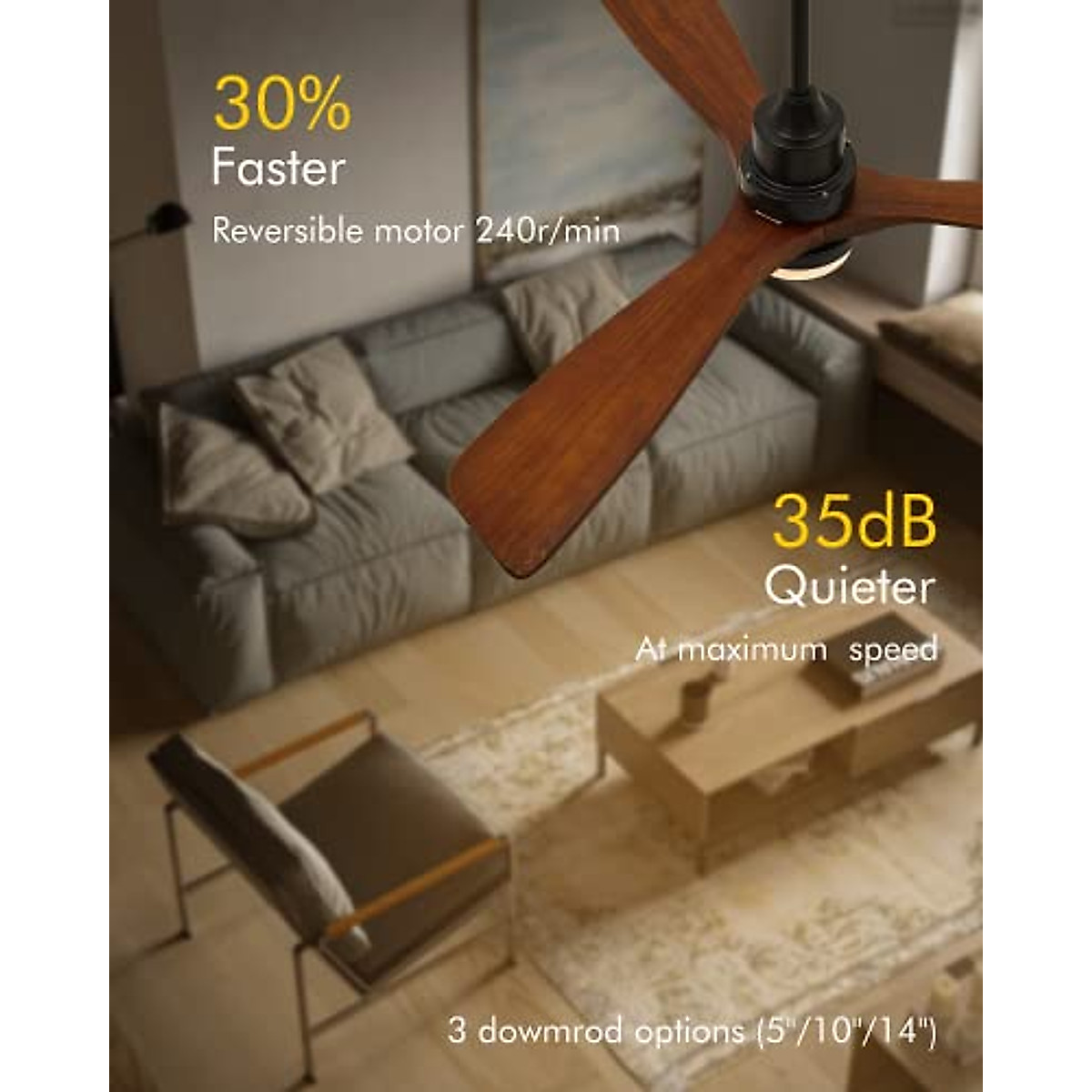 Chriari Ceiling Fans with Lights, 3 Wood Fan Blades, 52" Black Modern Ceiling Fan with Remote Control, Noiseless Reversible DC Motor for Bedroom/Living Room/Study/Patio