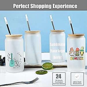 WindMage 4 packs 16 oz Frosted Sublimation Glass Cans Blanks with Bamboo Lid, Stainless Straw, Brush, Silicone Tip, Reusable Drinking Beer Cans Iced Coffee Glasses Jar Tumbler Cups